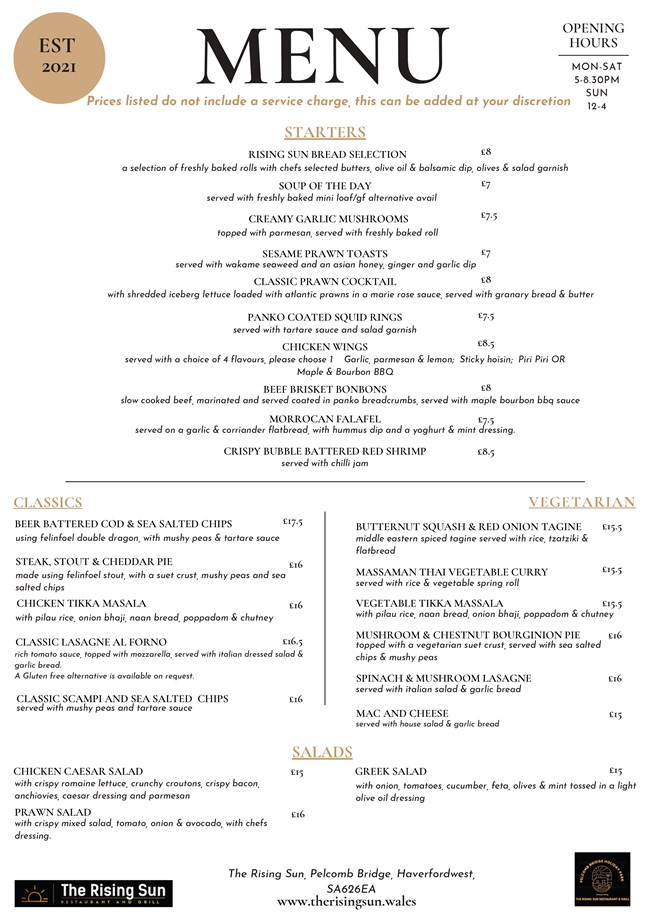 Menus | The Rising Sun