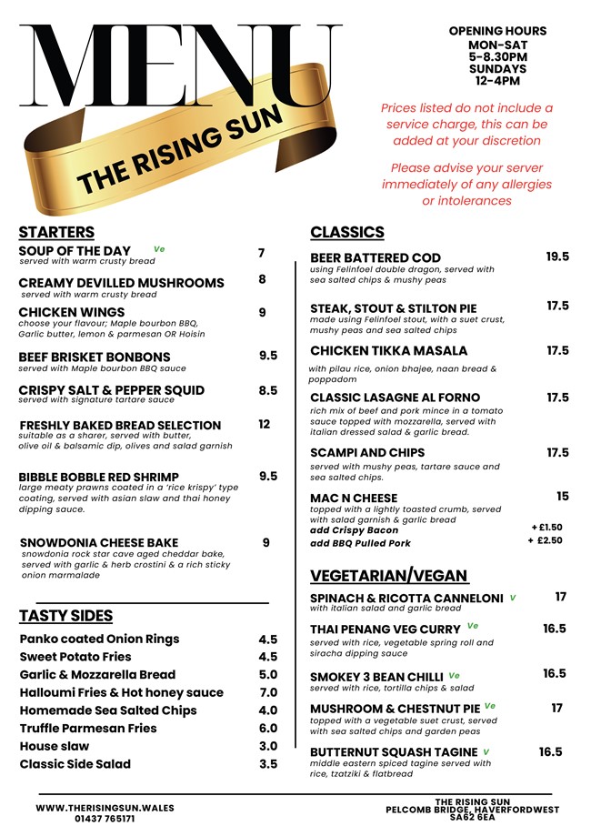 Menus | The Rising Sun