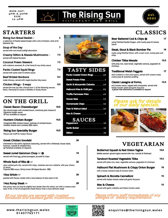 Menus | The Rising Sun